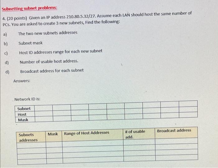 Solved Subnetting Subnet Problems 4 20 Points Given An