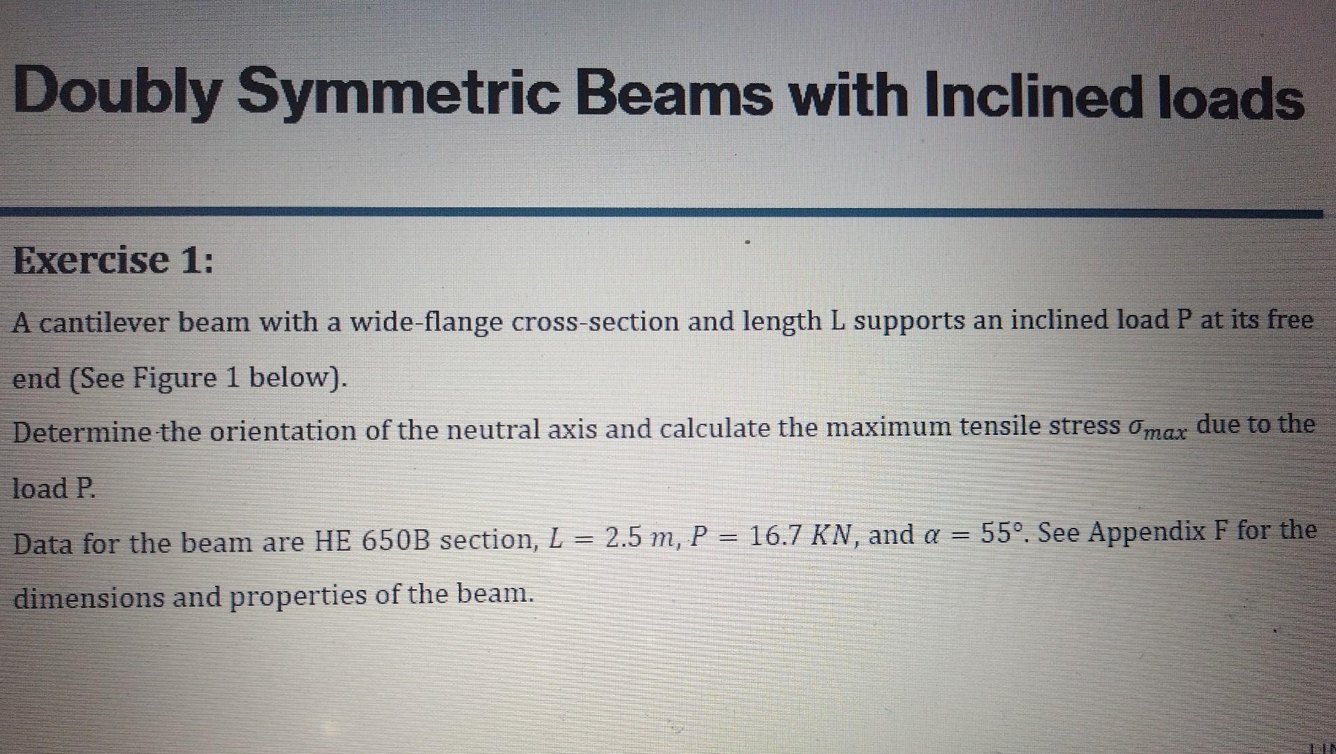 Doubly Symmetric Beams with Inclined loads Exercise | Chegg.com