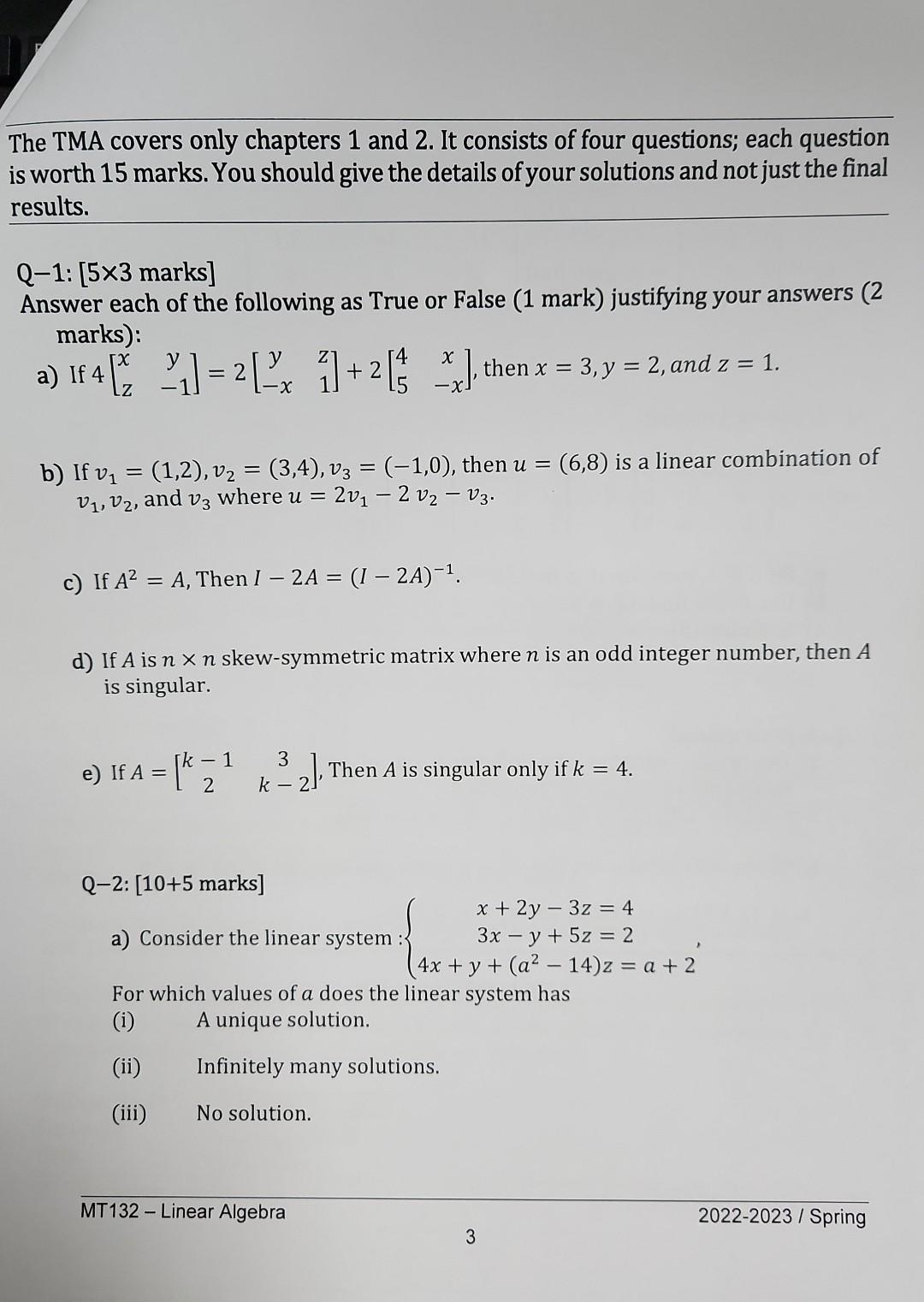 Solved The TMA covers only chapters 1 and 2. It consists of | Chegg.com
