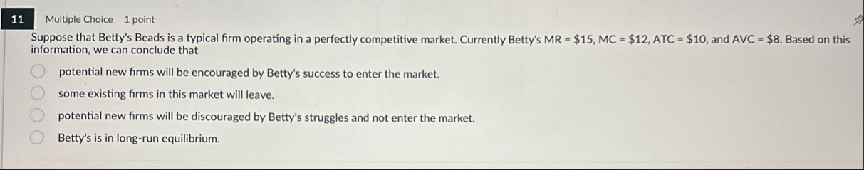 Solved 11Multiple Choice1 ﻿pointSuppose that Betty's Beads | Chegg.com