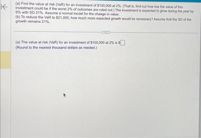 Solved (a) Find the value at risk (VaR) for an investment of | Chegg.com