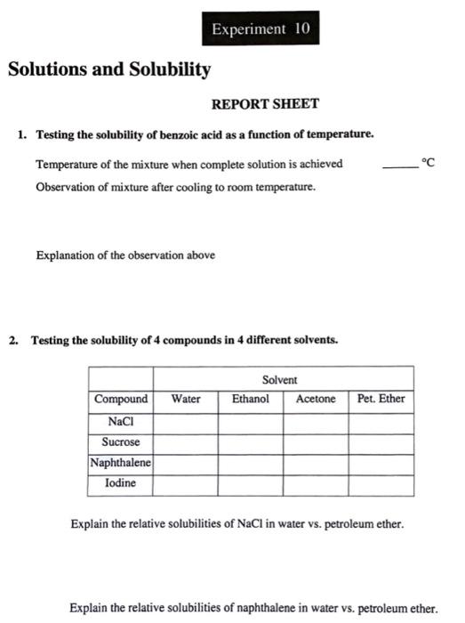 Experiment 10 Solutions and Solubility REPORT SHEET | Chegg.com