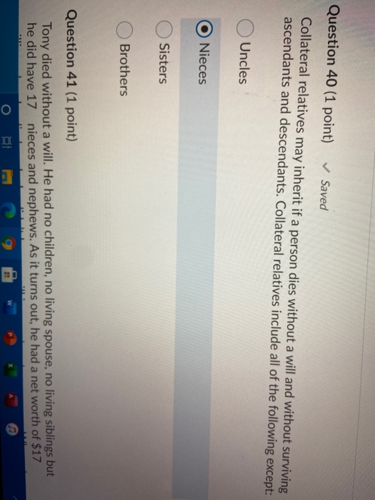 Solved Question 40 (1 point) Saved Collateral relatives | Chegg.com