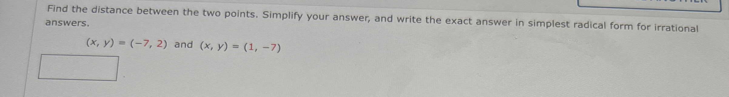 Solved Find the distance between the two points. Simplify | Chegg.com