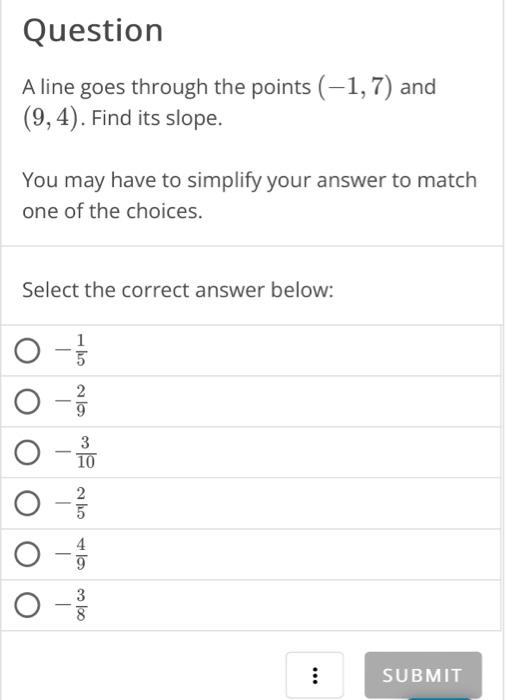 Solved Question A line goes through the points (-1,7) and | Chegg.com