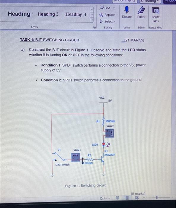 Task 1 Bjt Switching Circuit 21 Marks A Construct 