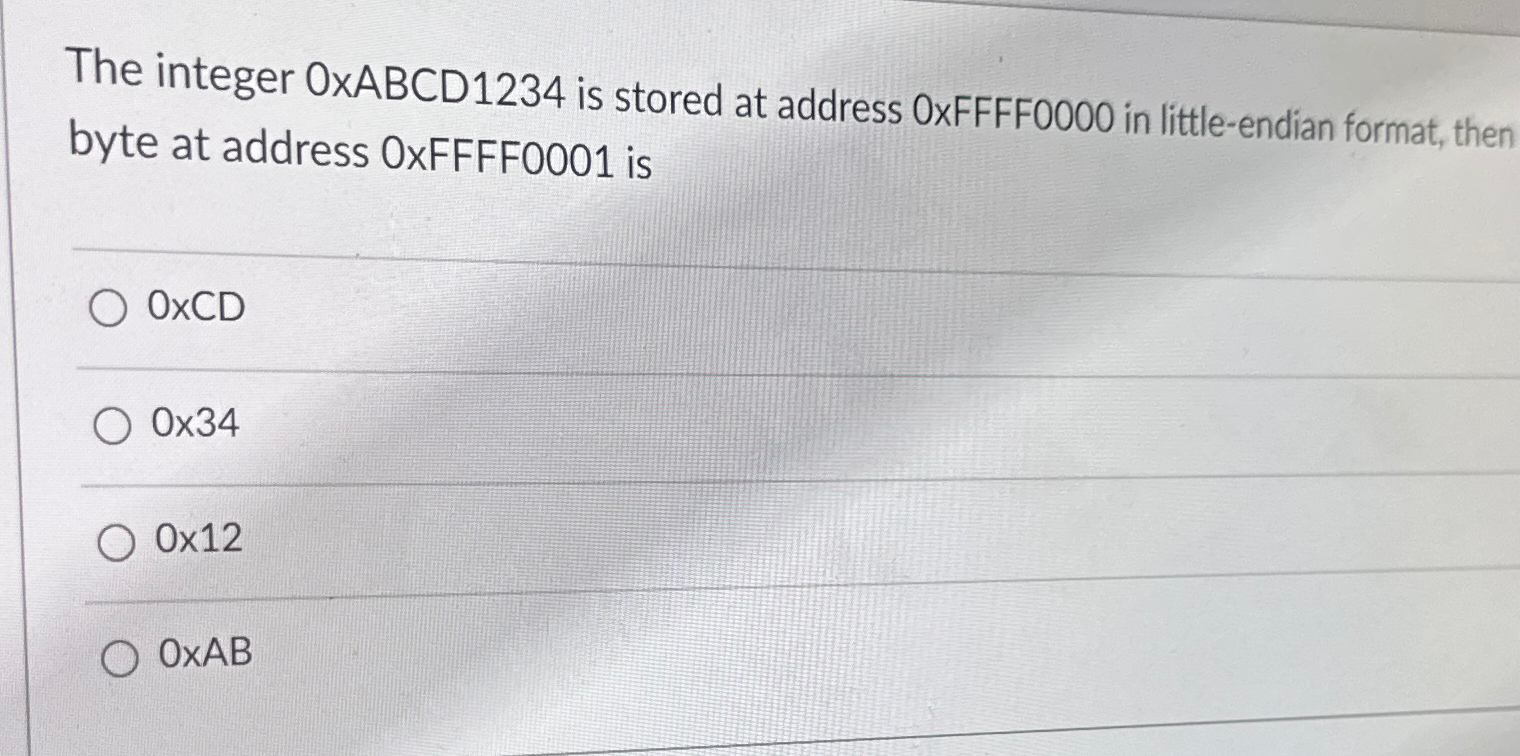 Solved The integer 0xABCD1234 ﻿is stored at address | Chegg.com