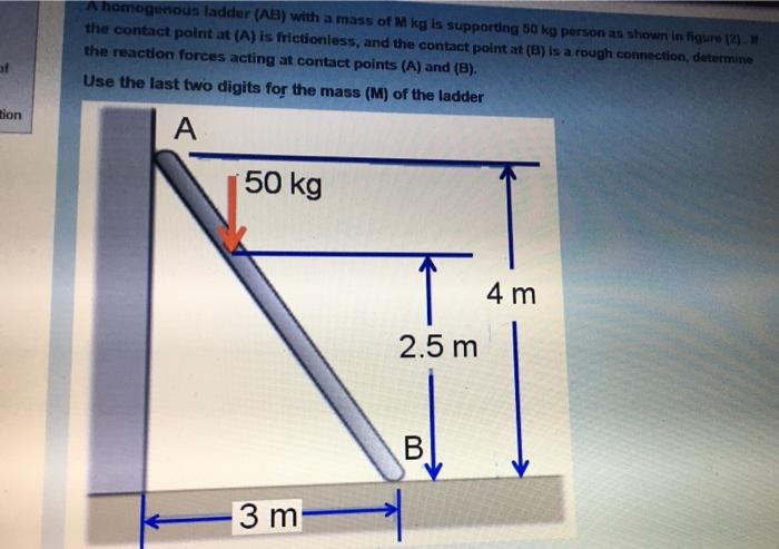 Solved A homogenous ladder (AB) with a mass of M kg is | Chegg.com