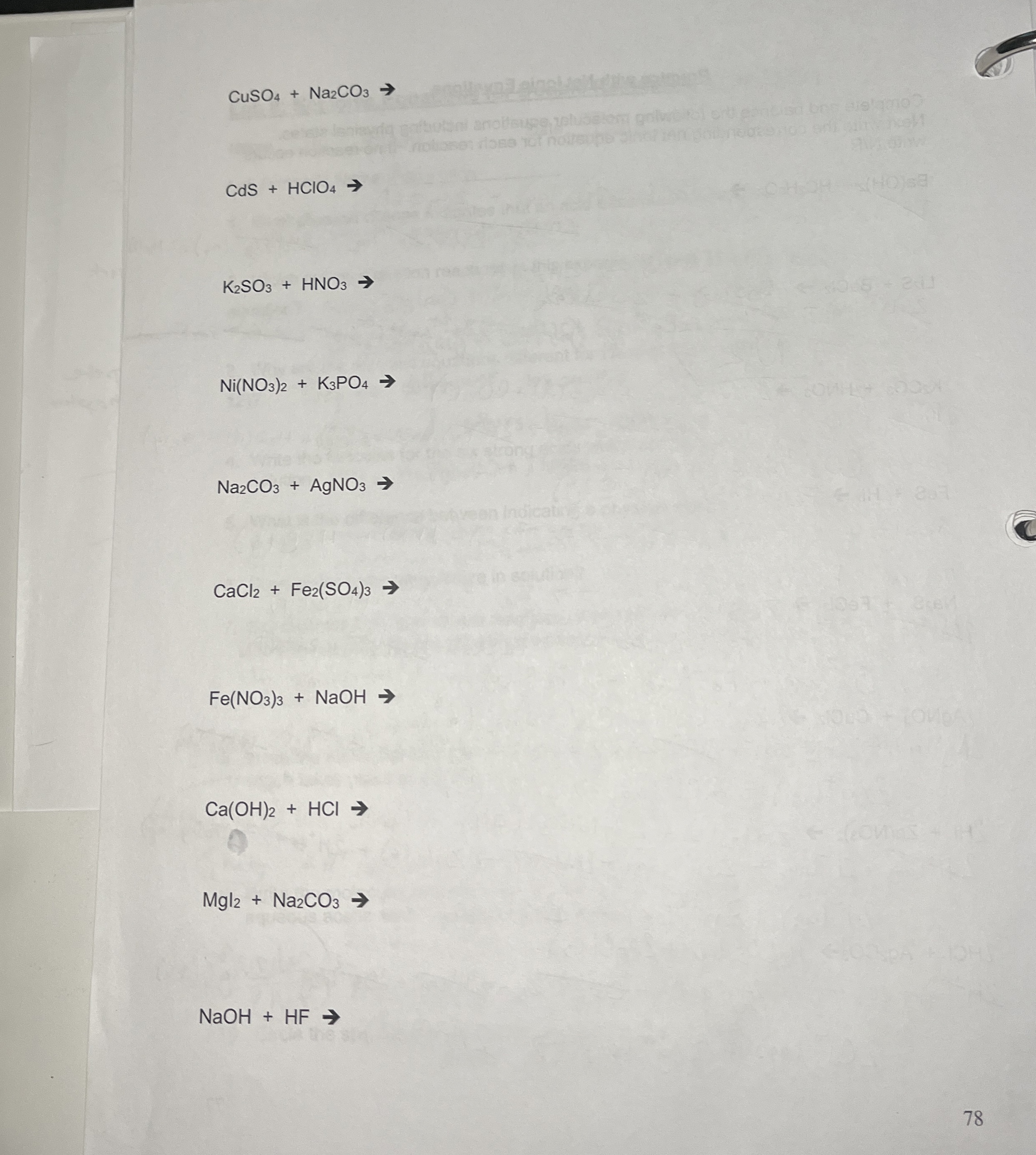 Solved CuSO4+Na2CO3→CdS+HClO4→K2SO3+HNO3→Ni(NO3)2+K3PO4→Na2C | Chegg.com