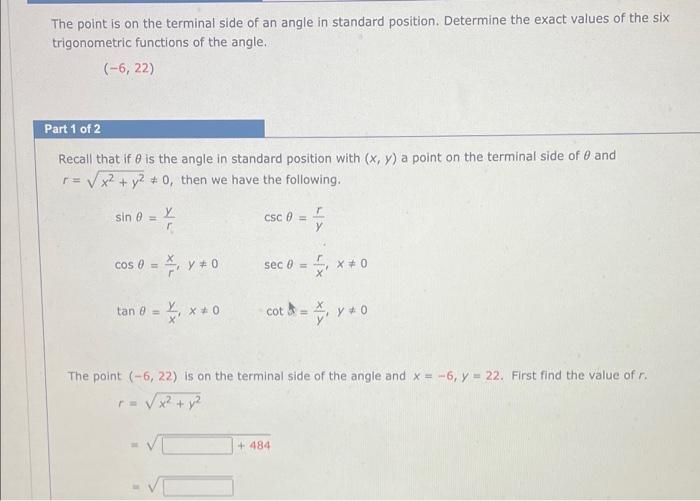 Solved The point is on the terminal side of an angle in | Chegg.com