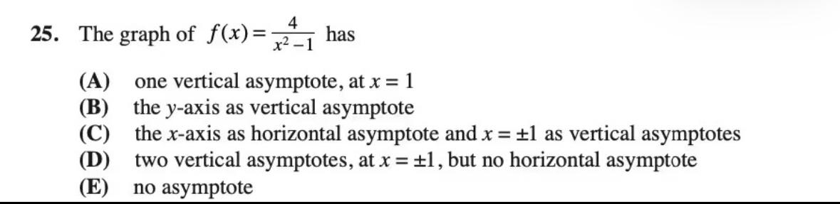 Solved The graph of f(x)=4x2-1 ﻿has(A) ﻿one vertical | Chegg.com