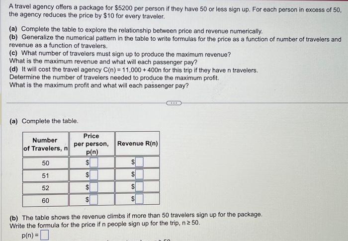 Solved A travel agency offers a package for $5200 per person | Chegg.com