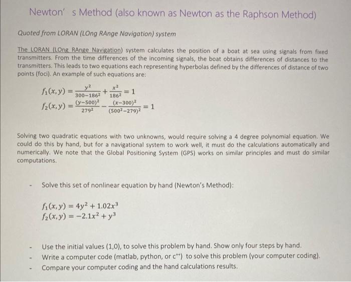 Solved The LORAN (LOng RAnge Navigation) system calculates | Chegg.com
