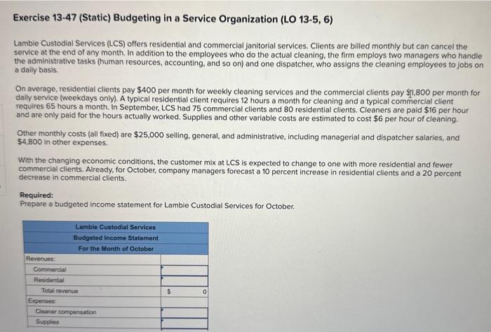 Solved Exercise 13-47 (Static) Budgeting in a Service | Chegg.com