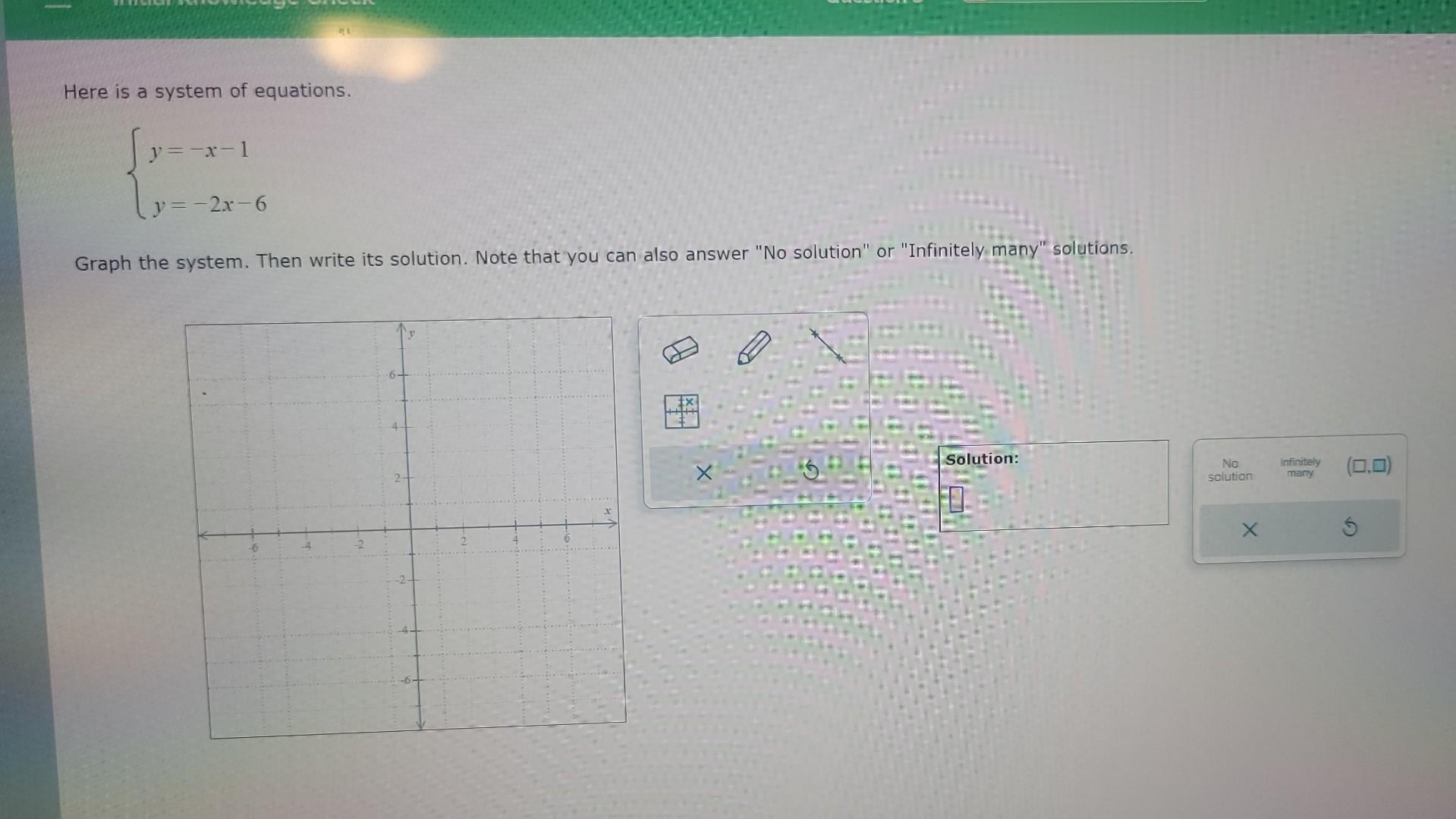 Solved Here is a system of equations. {y=−x−1y=−2x−6 Graph | Chegg.com