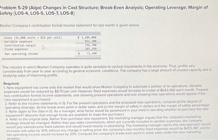 Solved Problem 5-29 (Algo) Changes in Cost Structure; | Chegg.com