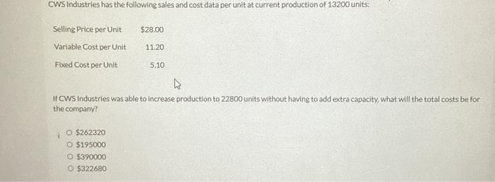 Solved CWS Industries has the following sales and cost data | Chegg.com