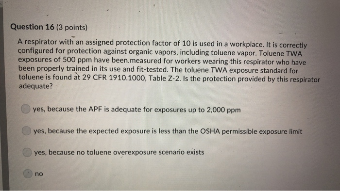 Solved Question 16 (3 points) A respirator with an assigned | Chegg.com
