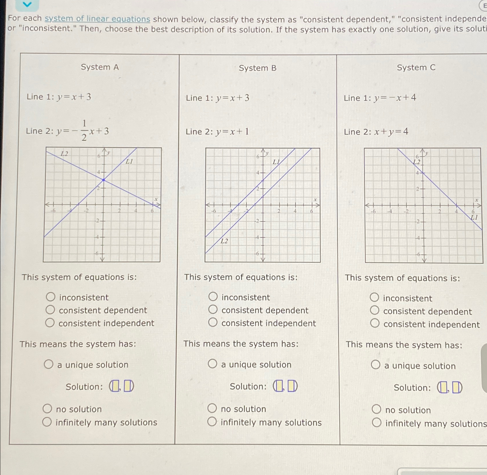 Solved For each system of linear equations shown below, | Chegg.com