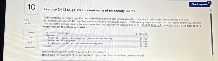 Solved Exercise 24-13 (Algo) Net present value of an annuity | Chegg.com