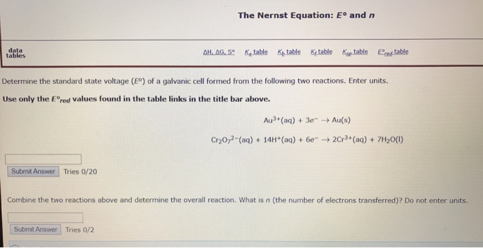 Solved The Nernst Equation: Eº and n data tables AH. AG. | Chegg.com