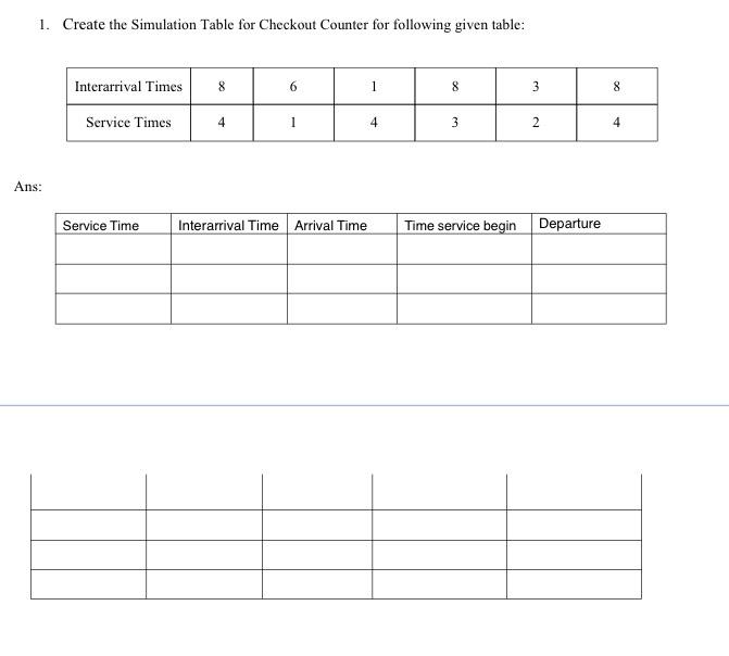 Solved 1. Create the Simulation Table for Checkout Counter | Chegg.com