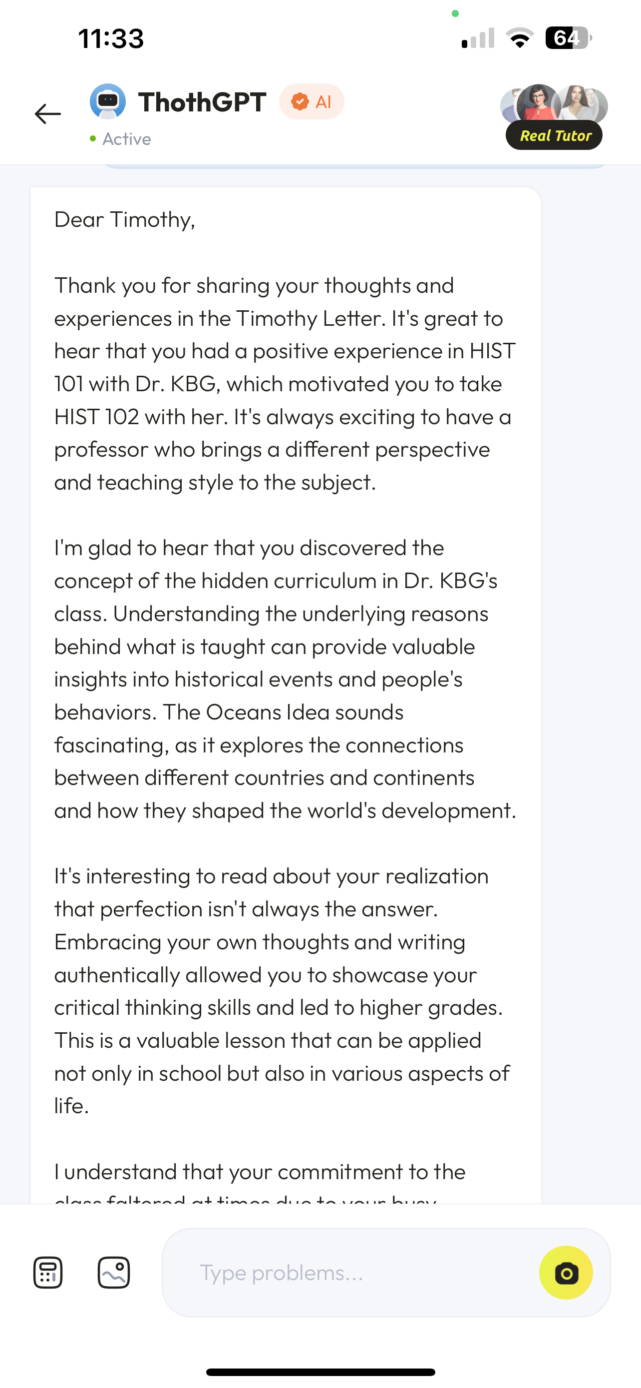 Solved 11:33ThothGPTAl64larr(8)10?(1)ActiveReal TutorDear | Chegg.com