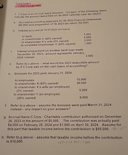 Solved TAXATION IIC CORP PROBLEMSC Corp is an accrual basis | Chegg.com