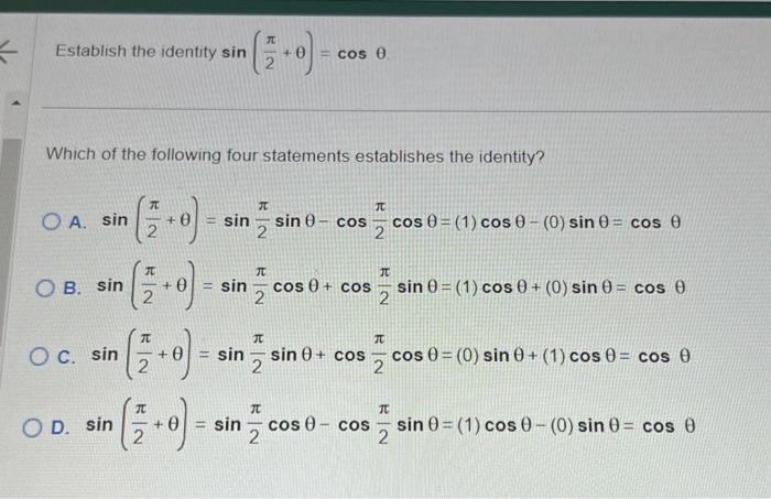 Solved Establish the identity sin(2π+θ)=cosθ Which of the | Chegg.com