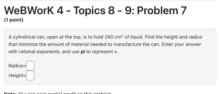 Solved WeBWork 4 - Topics 8 - 9: Problem 7 (1 point) A | Chegg.com
