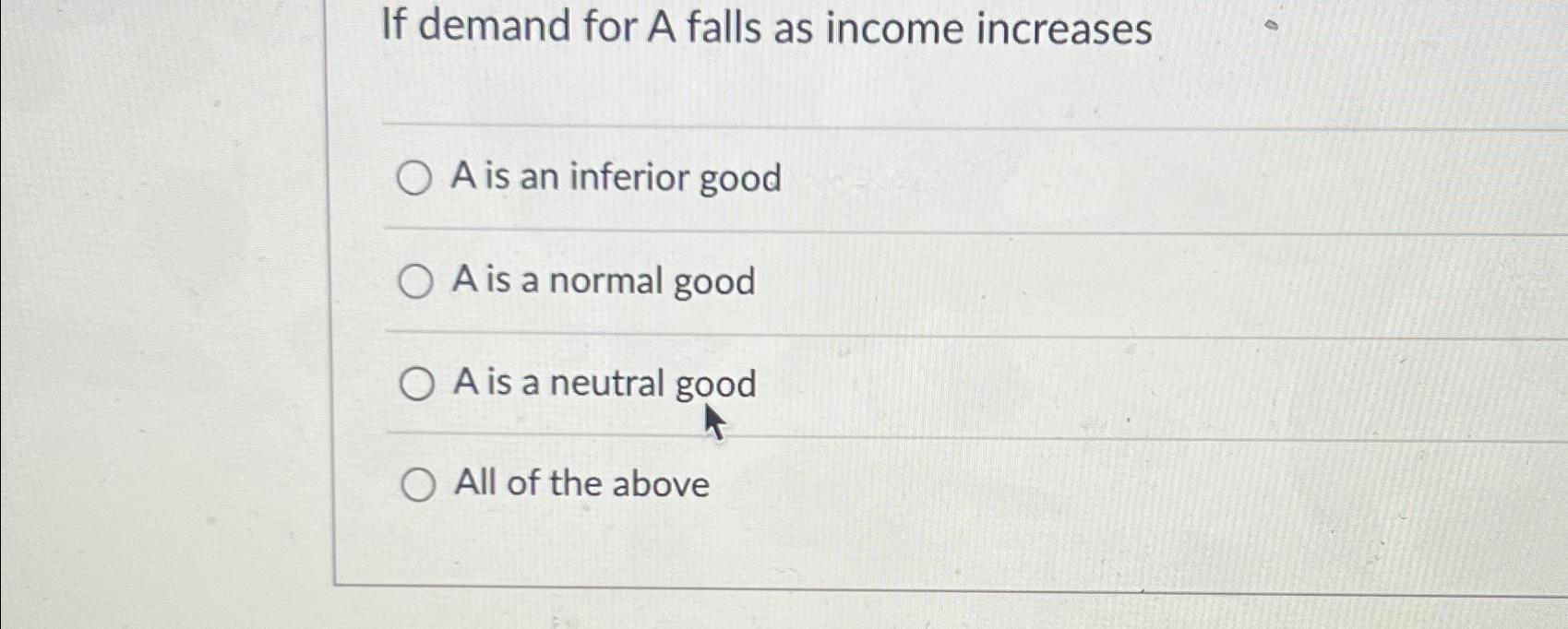 Solved If demand for A falls as income increasesA ﻿is an | Chegg.com