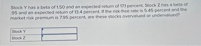 Solved Stock Y has a beta of 1.50 and an expected return of | Chegg.com