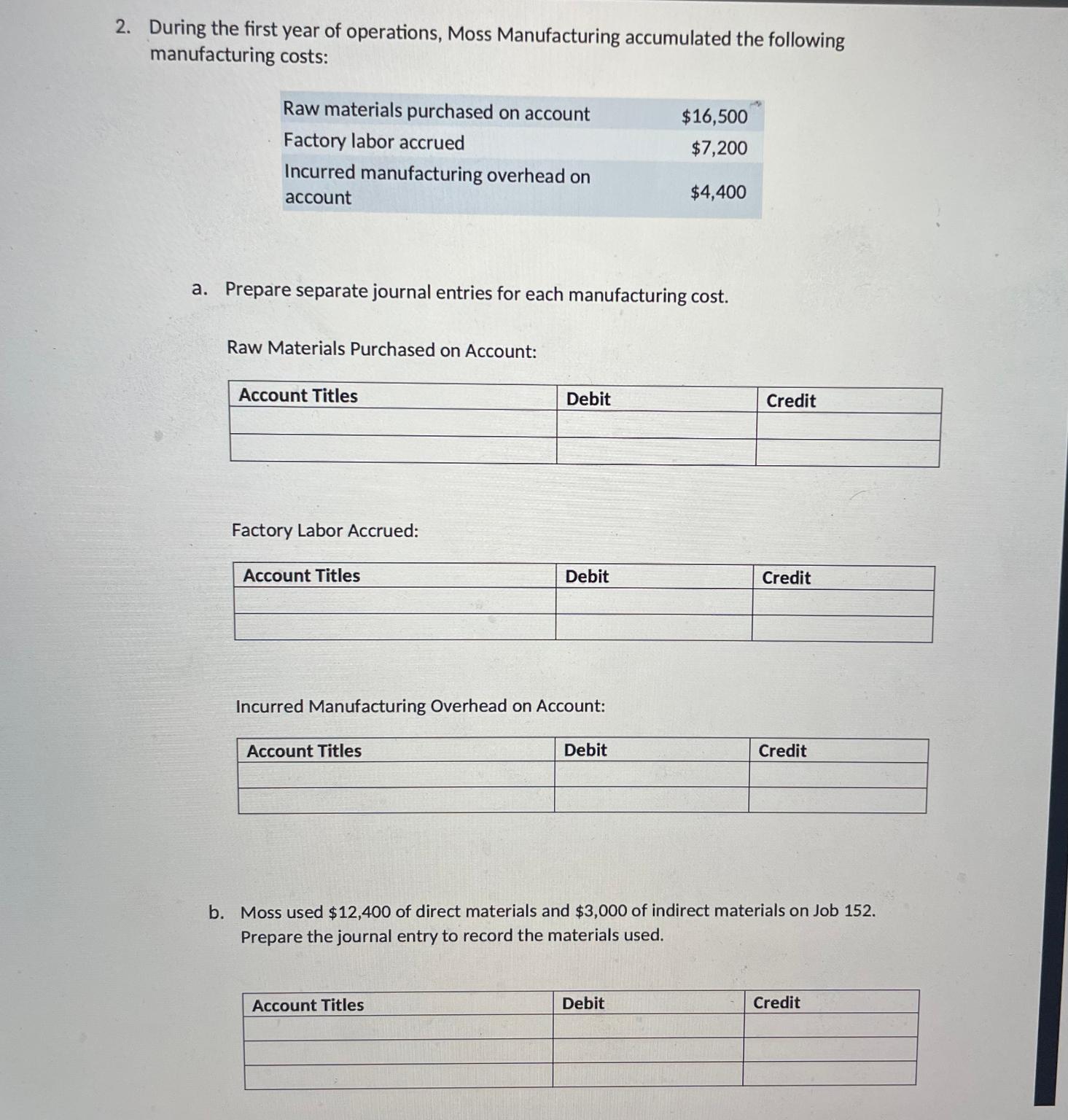 Solved During the first year of operations, Moss | Chegg.com