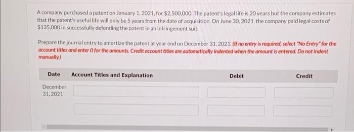 Solved A company purchased a patent on January 1,2021 , for | Chegg.com