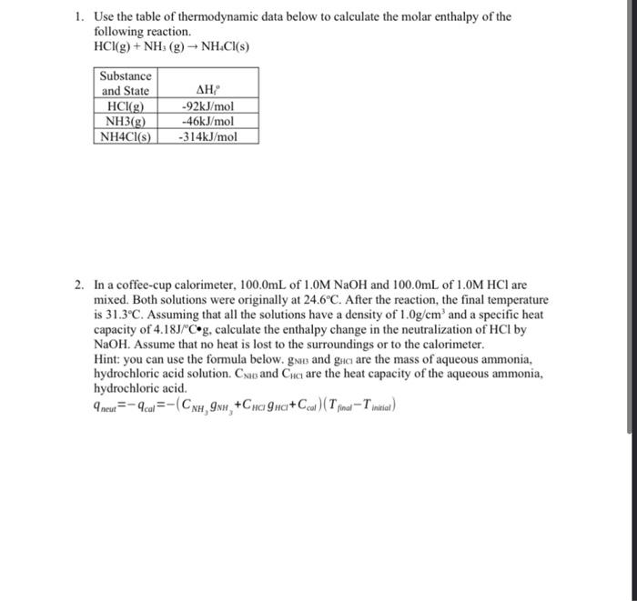 Solved 1. Use the table of thermodynamic data below to | Chegg.com