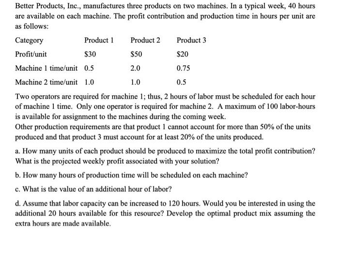 Solved Better Products, Inc., manufactures three products on | Chegg.com