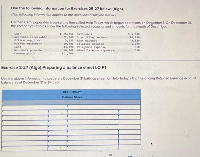 Solved Use the following information for Exercises 25-27 | Chegg.com