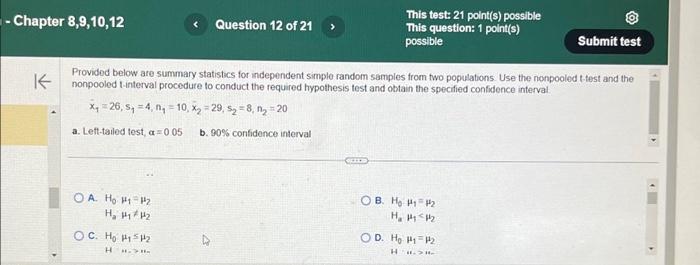 Solved - Chapter 8,9,10,12 K OA. Ho H1 H2 H₂ H₁ H₂ Question | Chegg.com