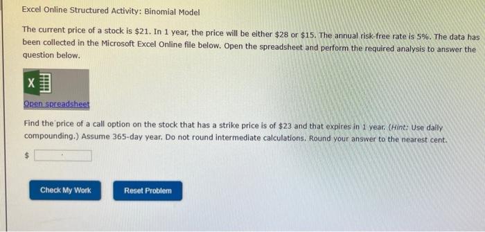 Solved Excel Online Structured Activity: Binomial Model The | Chegg.com
