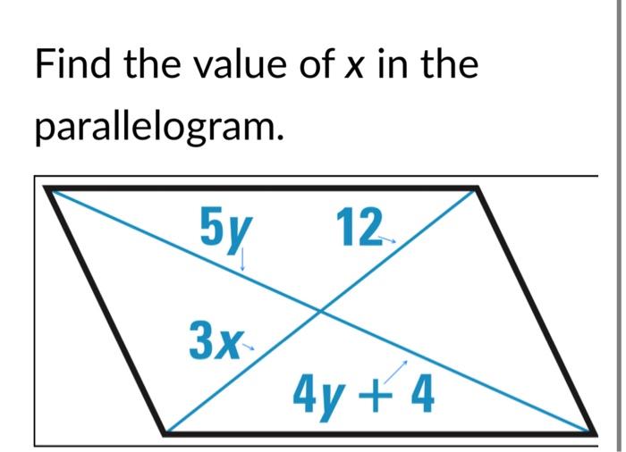 Solved Find the value of x in the parallelogram. 5y 12 Зх. | Chegg.com