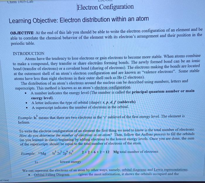 Solved Chem 140S-Lab Electron Configuration Learning | Chegg.com