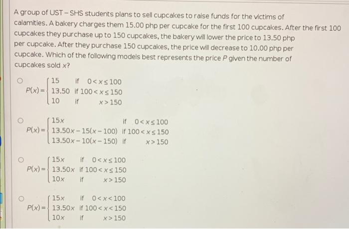 Solved A group of UST - SHS students plans to sell cupcakes | Chegg.com