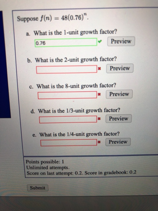 Solved Suppose f(n) 48(0.76)" a. What is the 1-unit growth | Chegg.com
