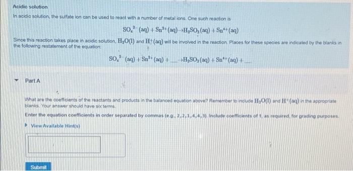 Solved Acidic solution In acid solution, the surfate ion can | Chegg.com