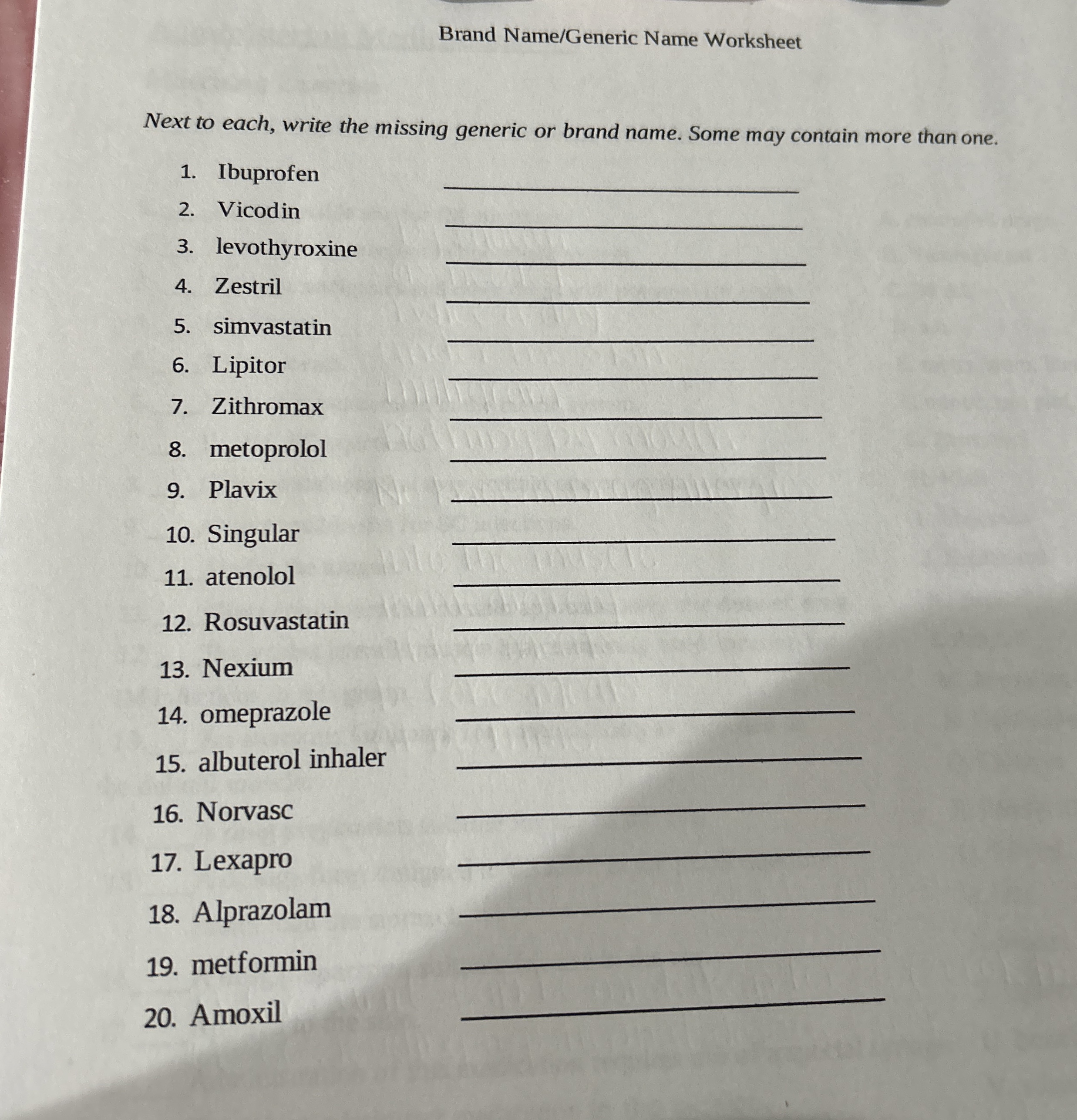 Solved Brand Name/Generic Name WorksheetNext to each, write | Chegg.com