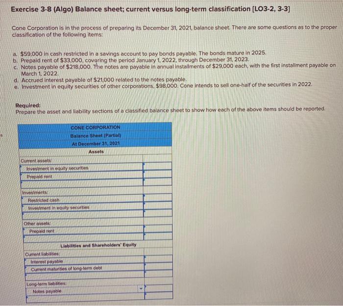 Solved Exercise 3-8 (Algo) Balance sheet; current versus | Chegg.com