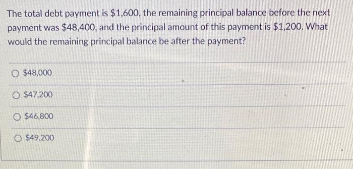 Solved The total debt payment is $1,600, the remaining | Chegg.com