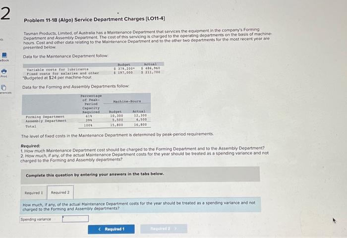 Solved Problem 11-18 (Algo) Service Department Charges | Chegg.com
