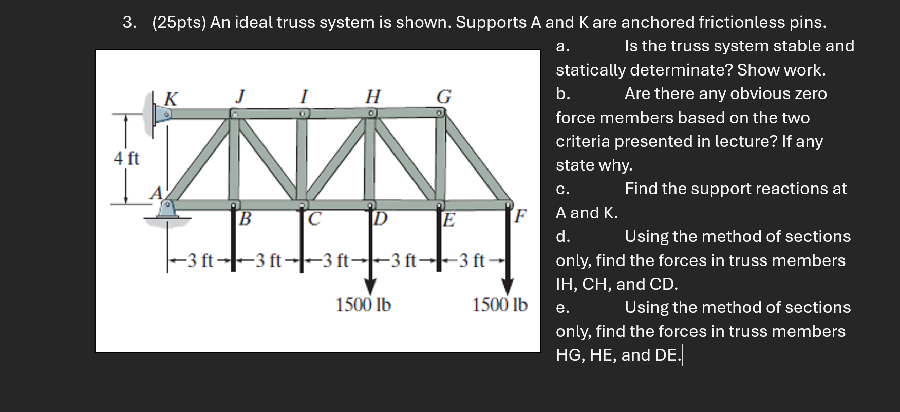 3. (25pts) ﻿An ideal truss system is shown. Supports | Chegg.com