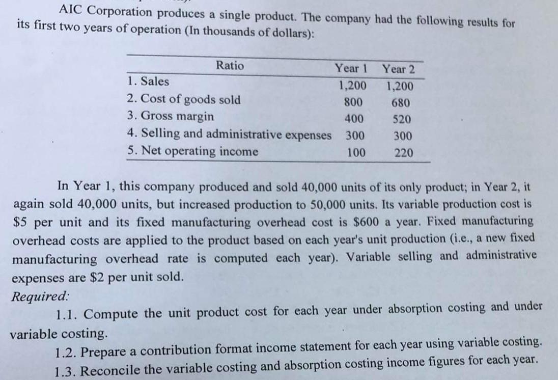 Solved AIC Corporation produces a single product. The | Chegg.com